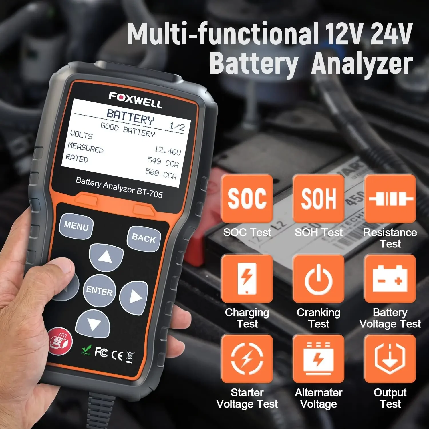 FOXWELL BT705 Professional Battery Tester 12v 24v Heavy Duty Truck ...