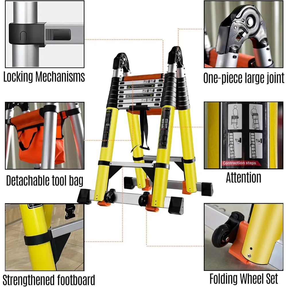 20FT A Frame Telescoping Ladder w. Double Balance Bar/Wheels/Tools Bag ...