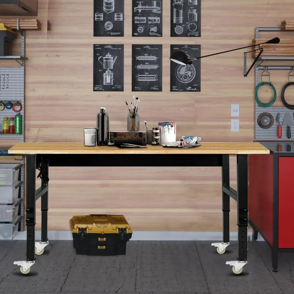 60″ Adjustable Work Bench, Rubber Wood Top Workbench Heavy-Duty Work ...