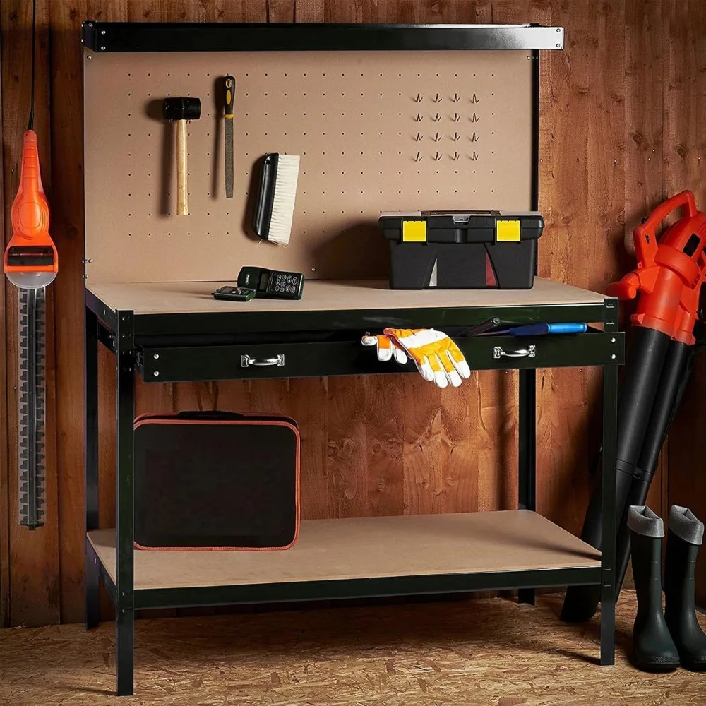 Heavy-Duty Steel Workbench 63″ Multipurpose Workshop Table with Drawer ...