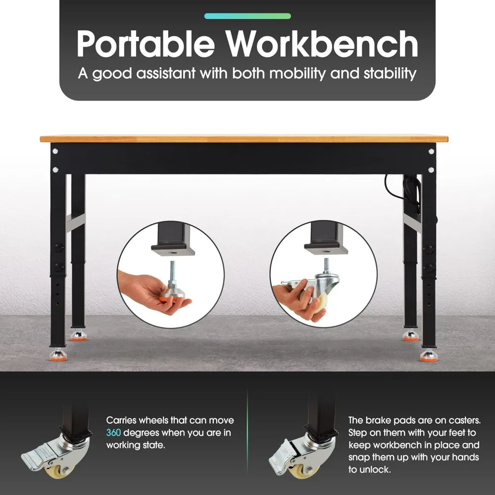 60″ Adjustable Workbench,Rolling Heavy-Duty Worktable with Power Outlet ...