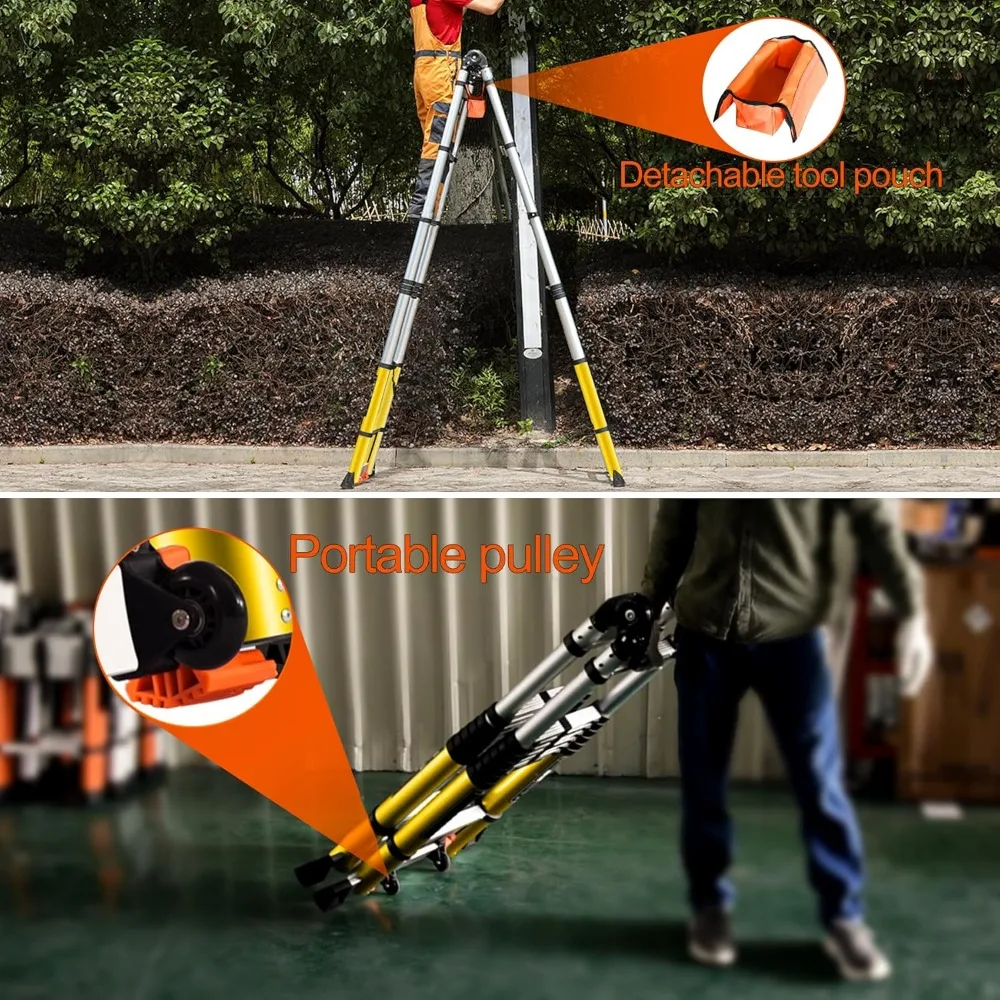 20FT A Frame Telescoping Ladder w. Double Balance Bar/Wheels/Tools Bag ...