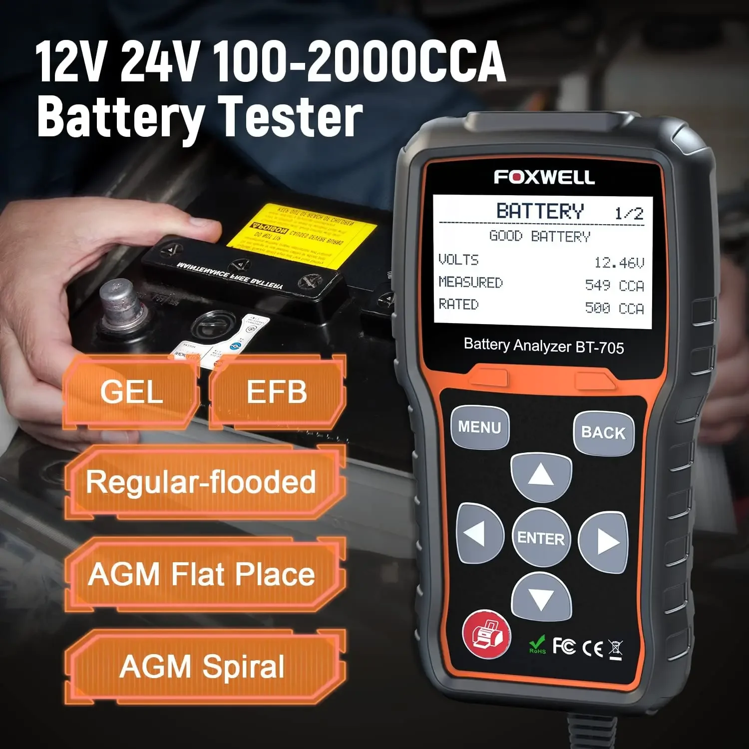 FOXWELL BT705 Professional Battery Tester 12v 24v Heavy Duty Truck ...